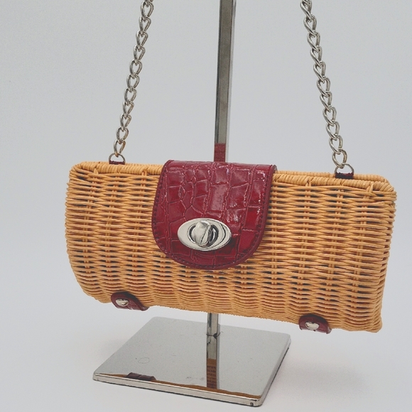 Bags | Nwot Rattan Handbag With Red Accents | Poshmark